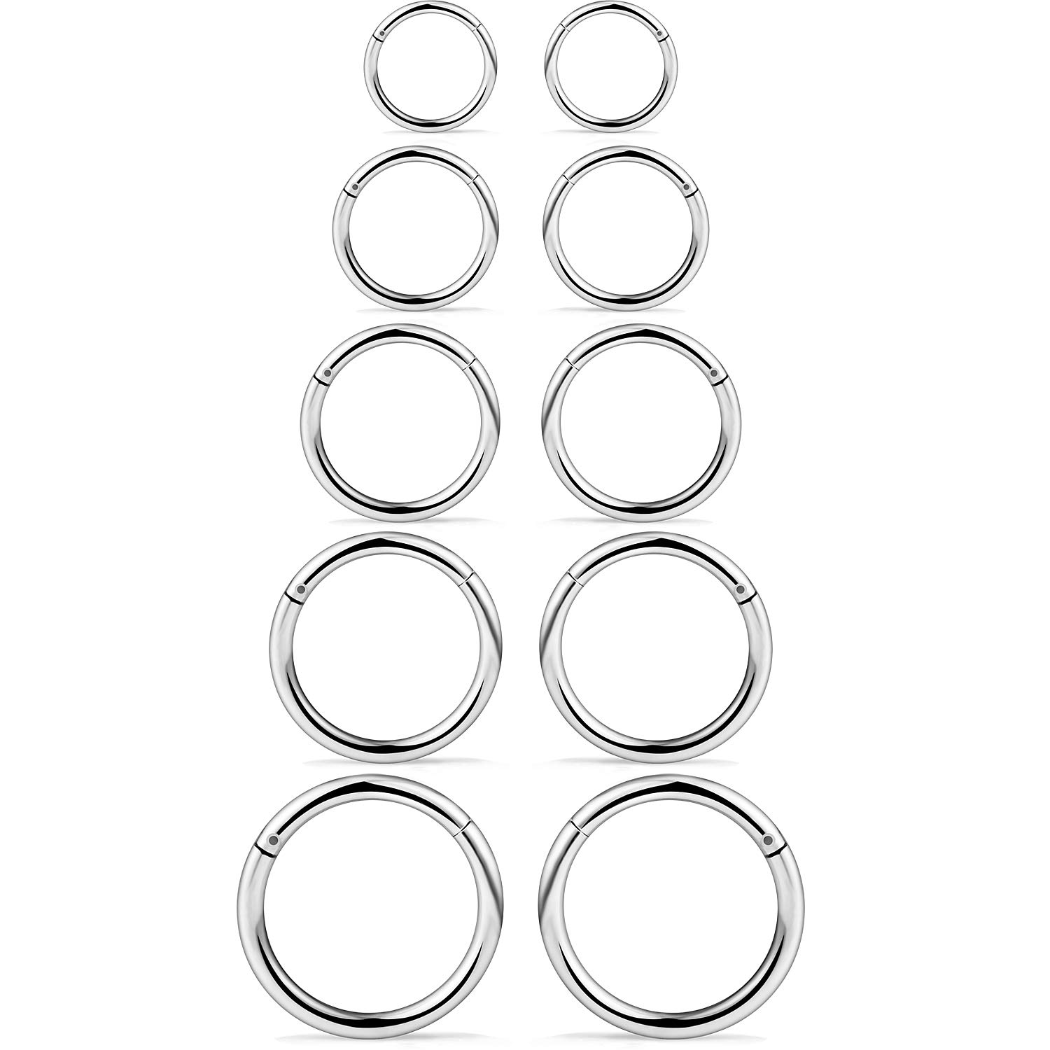 SCERRING 10PCS 16G Stainless Steel Hinged Clicker Segment Septum Nose Lip Ring Hoop Nipple Cartilage Tragus Sleeper Earrings Body Piercing Jewelry 8mm 10mm 12mm 14mm 16mm Silver