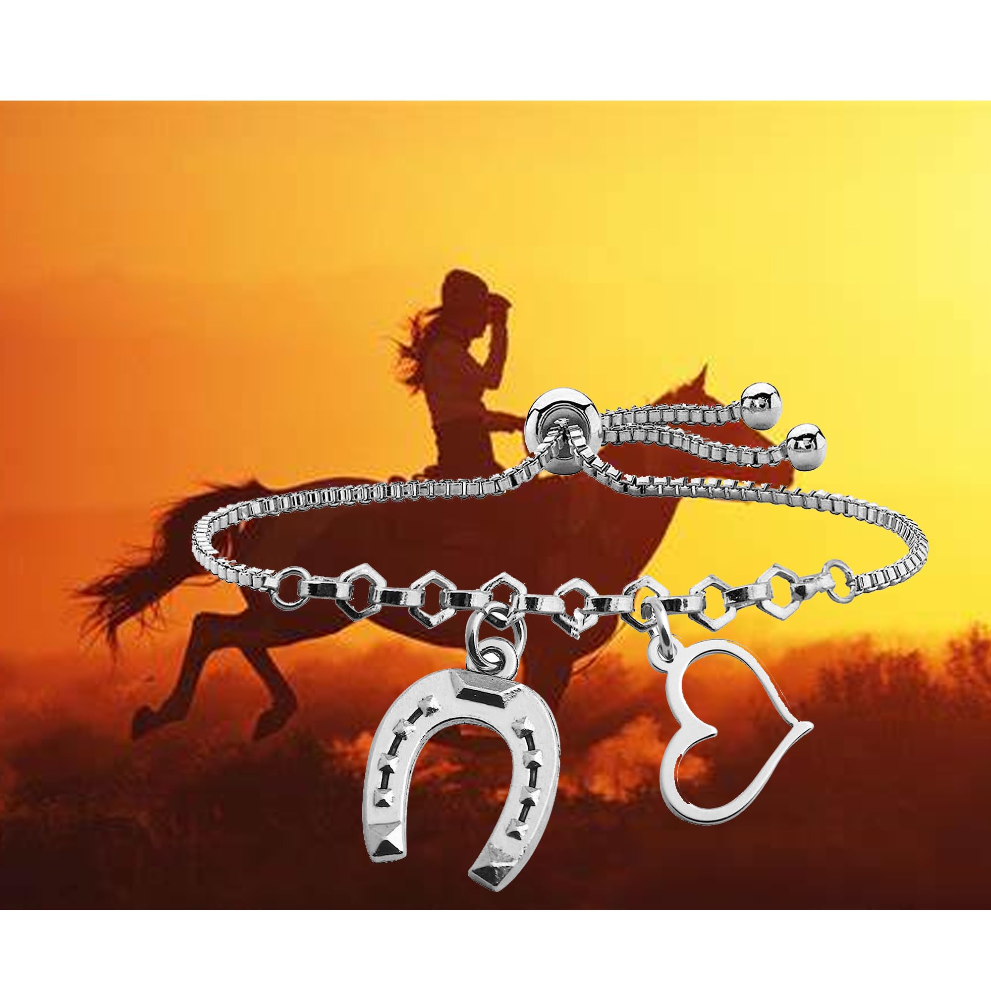 BAUNA Lucky Horseshoe Bracelet Love Heart Pendant Good Luck Horseshoe Charm Adjustable Link Bracelet for Cowgirl Horse Lover Gifts Equestrian Riding Gift (Horseshoes bracelt)