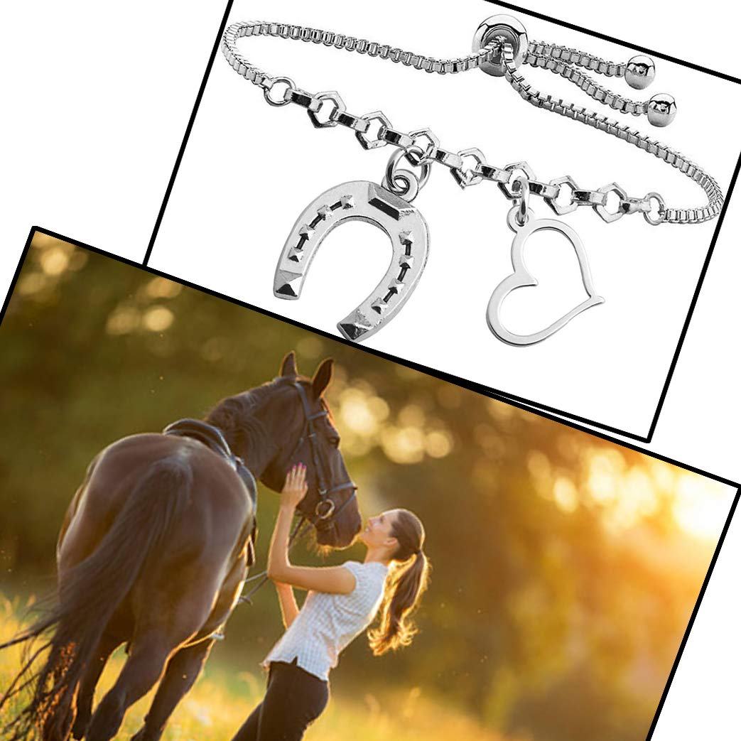 BAUNA Lucky Horseshoe Bracelet Love Heart Pendant Good Luck Horseshoe Charm Adjustable Link Bracelet for Cowgirl Horse Lover Gifts Equestrian Riding Gift (Horseshoes bracelt)