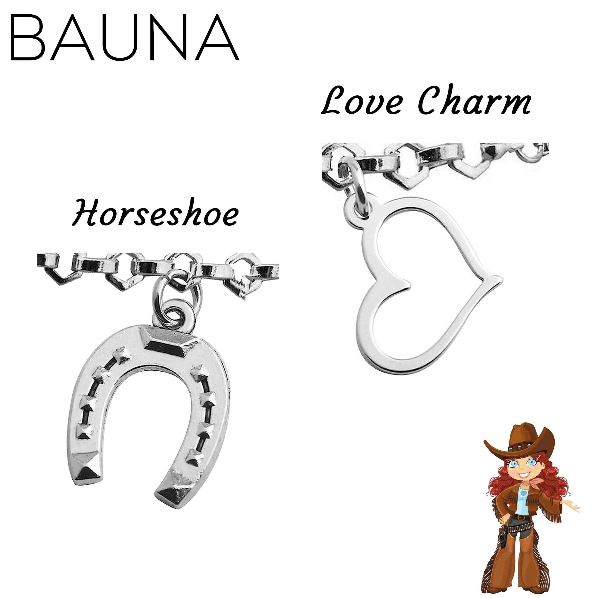 BAUNA Lucky Horseshoe Bracelet Love Heart Pendant Good Luck Horseshoe Charm Adjustable Link Bracelet for Cowgirl Horse Lover Gifts Equestrian Riding Gift (Horseshoes bracelt)