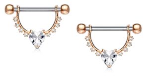 forbidden body jewelry pair of surgical steel 1/2 inch d-ring style cz heart dangle nipple barbells, clear (rose gold tone)