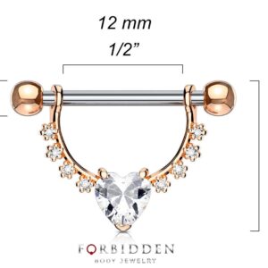 Forbidden Body Jewelry Pair of Surgical Steel 1/2 Inch D-Ring Style CZ Heart Dangle Nipple Barbells, Clear (Rose Gold Tone)