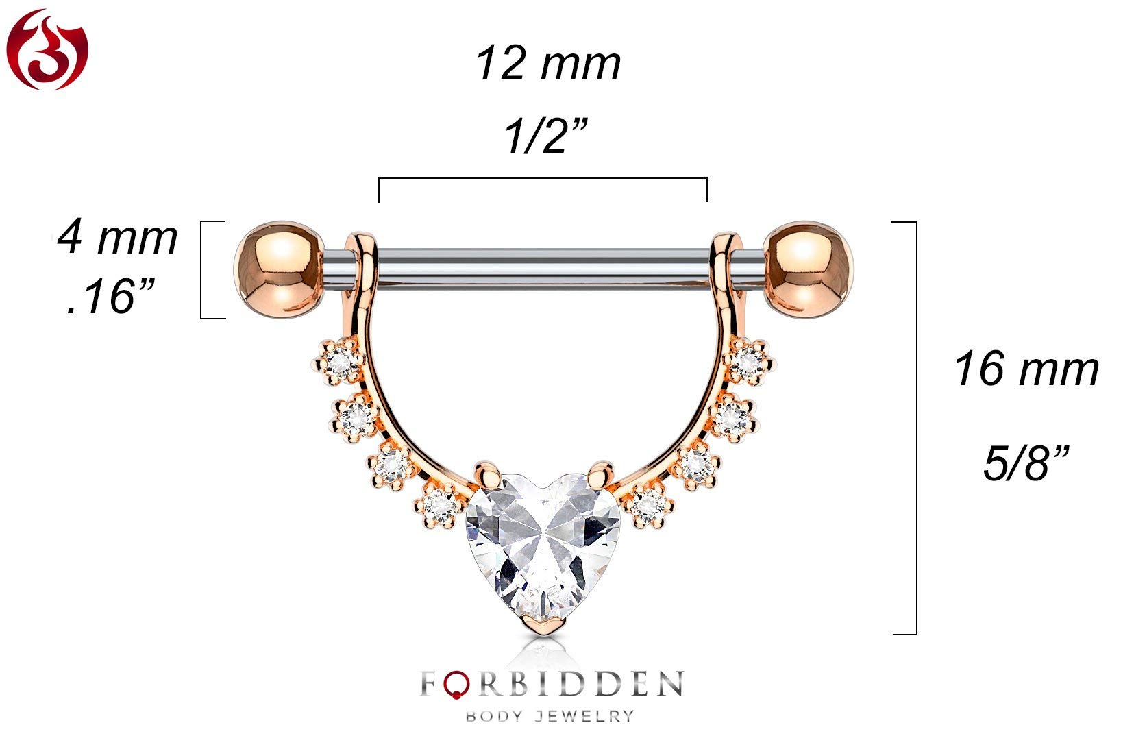 Forbidden Body Jewelry Pair of Surgical Steel 1/2 Inch D-Ring Style CZ Heart Dangle Nipple Barbells, Clear (Rose Gold Tone)