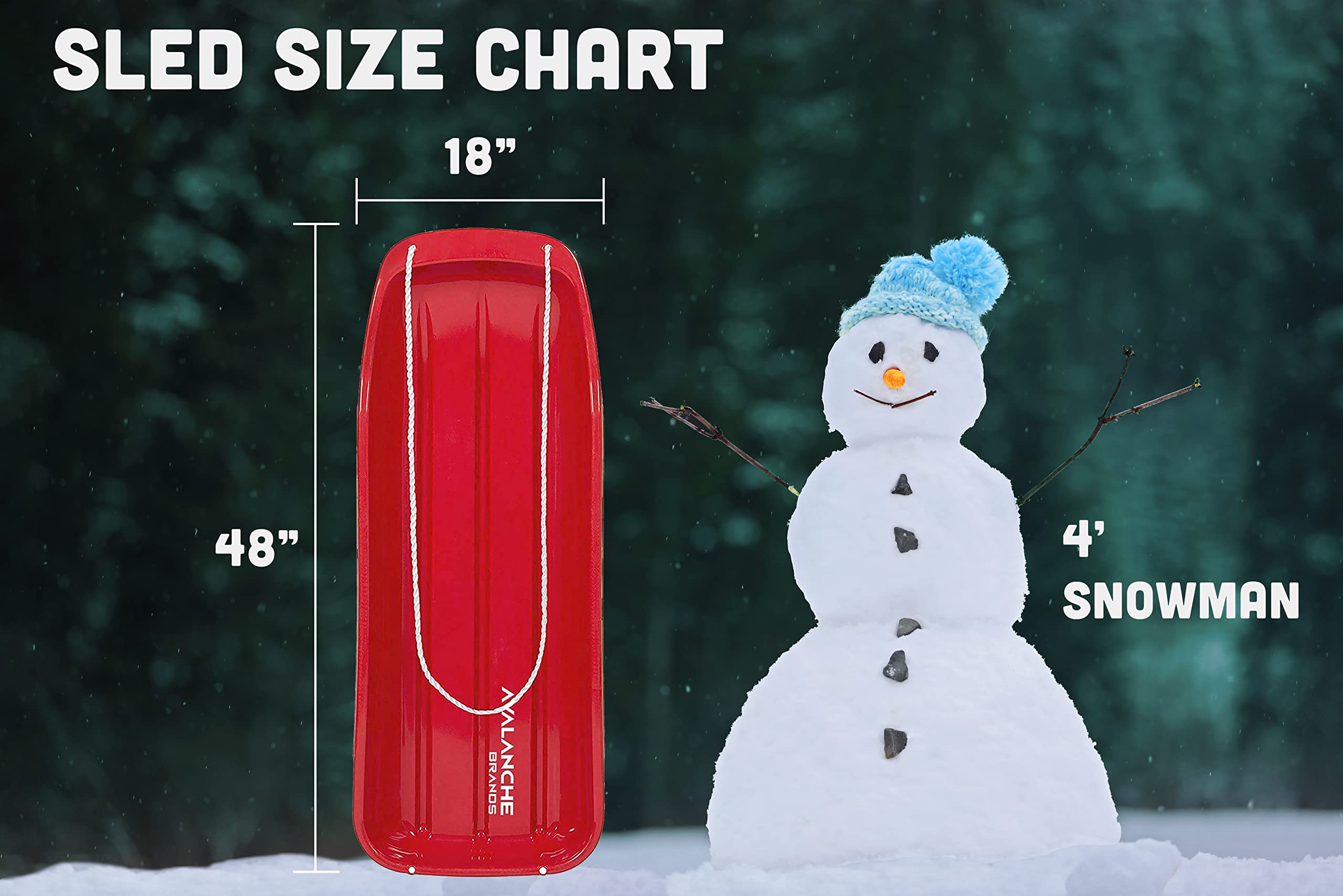 Avalanche Brands | Classic 48" Downhill Toboggan Snow Sled | Red | Fit for 2 Riders