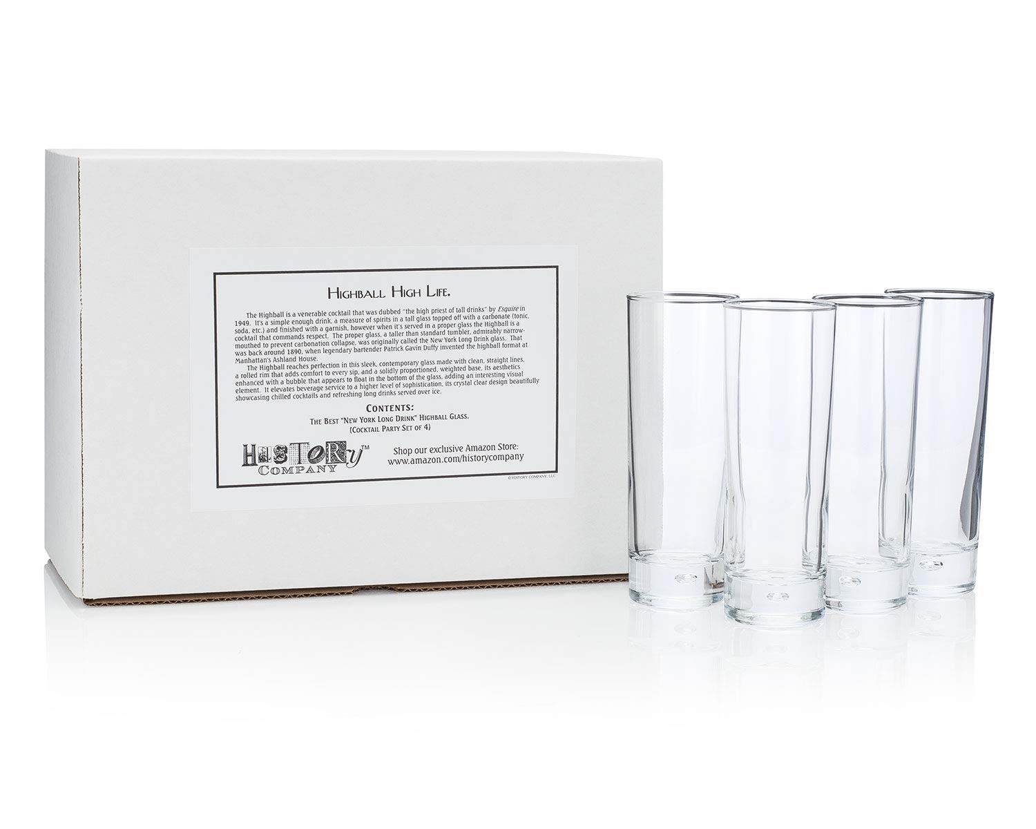 HISTORY COMPANY The Original “New York Long Drink” Highball Glass 4-Piece Set (Gift Box Collection)