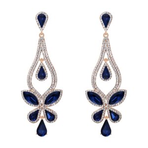 brilove women's wedding bridal crystal teardrop butterfly-shape pierced dangle earrings navy blue gold-tone