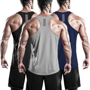 DRSKIN Men's 3 Pack Dry Fit Y-Back Muscle Tank Tops Mesh Sleeveless Gym Bodybuilding Training Athletic Workout Cool Shirts (BTF-ME-TA-(B,N,G), XL)