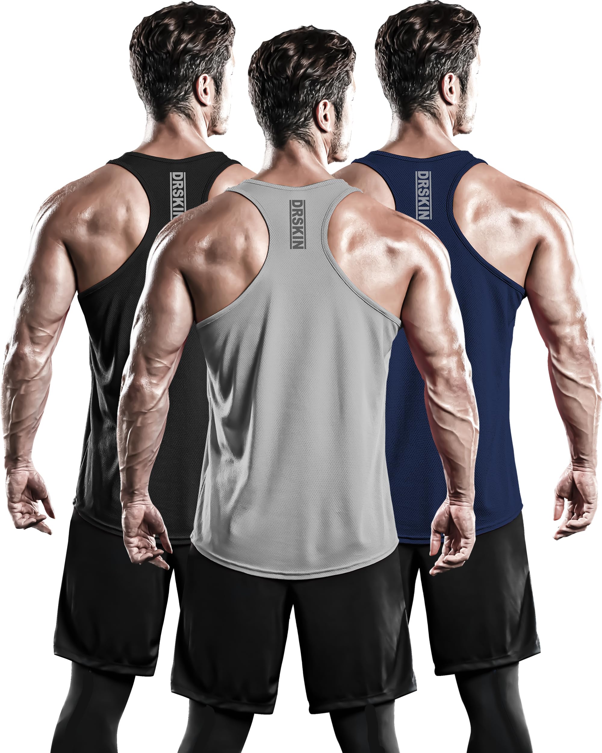 DRSKIN Men's 3 Pack Dry Fit Y-Back Muscle Tank Tops Mesh Sleeveless Gym Bodybuilding Training Athletic Workout Cool Shirts (BTF-ME-TA-(B,N,G), XL)