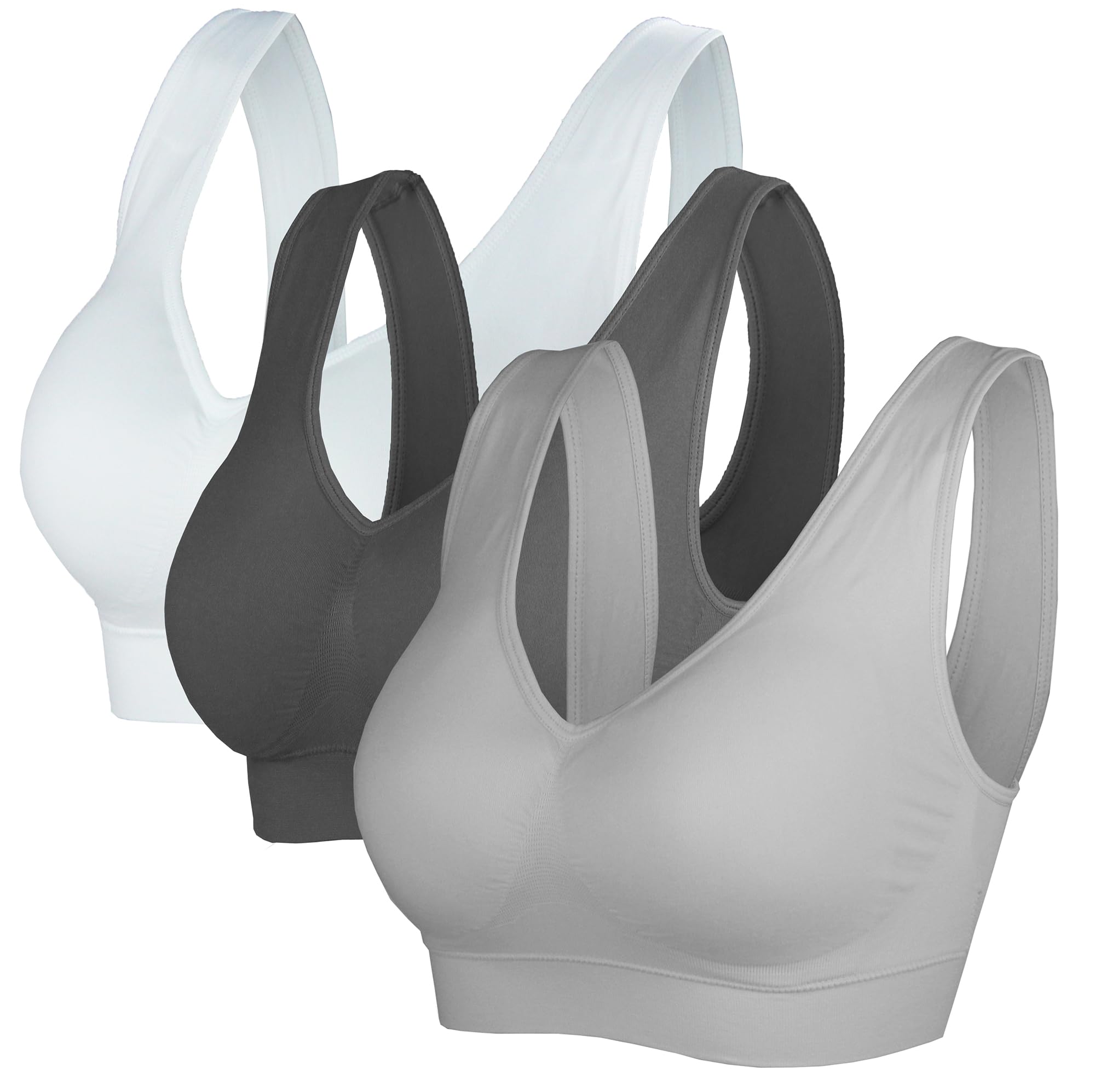 KINYAOYAO Women's 3-Pack Seamless Post-Surgery Bra Sports Bra with Removable Pads Black White Grey