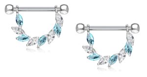 forbidden body jewelry pair of surgical steel 9/16 inch sexy cz vine d-ring dangle nipple barbells, clear/aqua