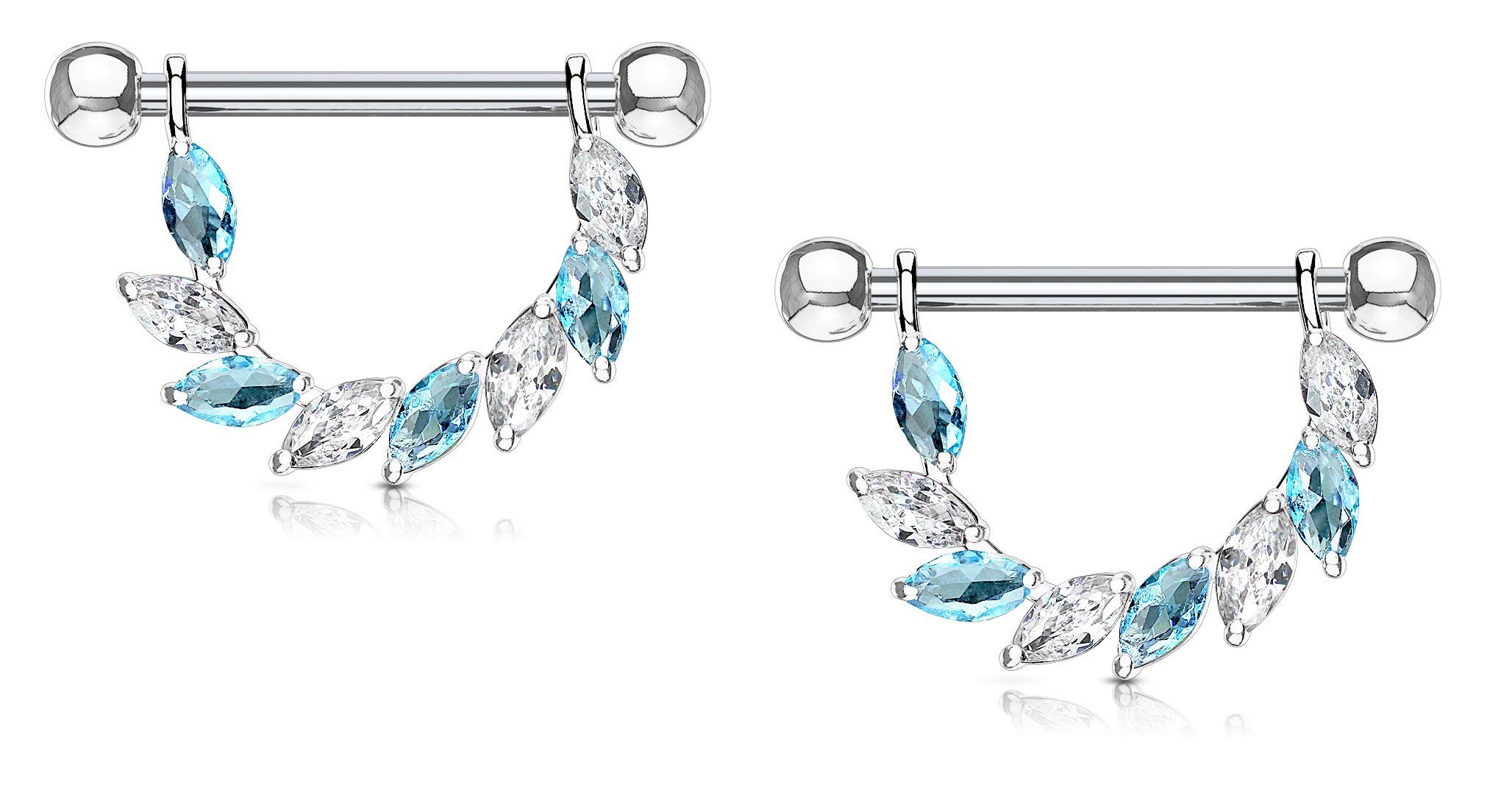 Forbidden Body Jewelry Pair of Surgical Steel 9/16 Inch Sexy CZ Vine D-Ring Dangle Nipple Barbells, Clear/Aqua