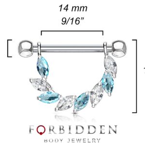 Forbidden Body Jewelry Pair of Surgical Steel 9/16 Inch Sexy CZ Vine D-Ring Dangle Nipple Barbells, Clear/Aqua