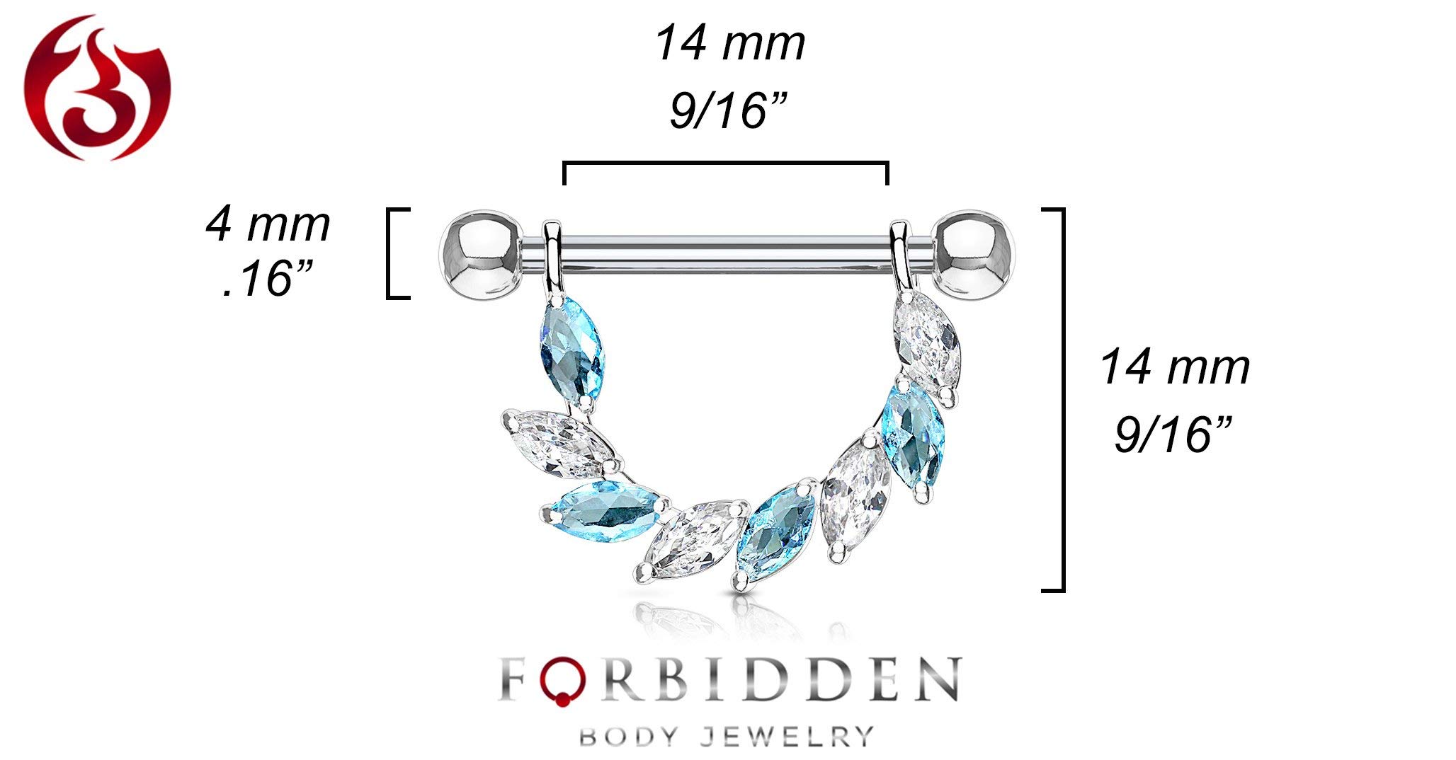 Forbidden Body Jewelry Pair of Surgical Steel 9/16 Inch Sexy CZ Vine D-Ring Dangle Nipple Barbells, Clear/Aqua