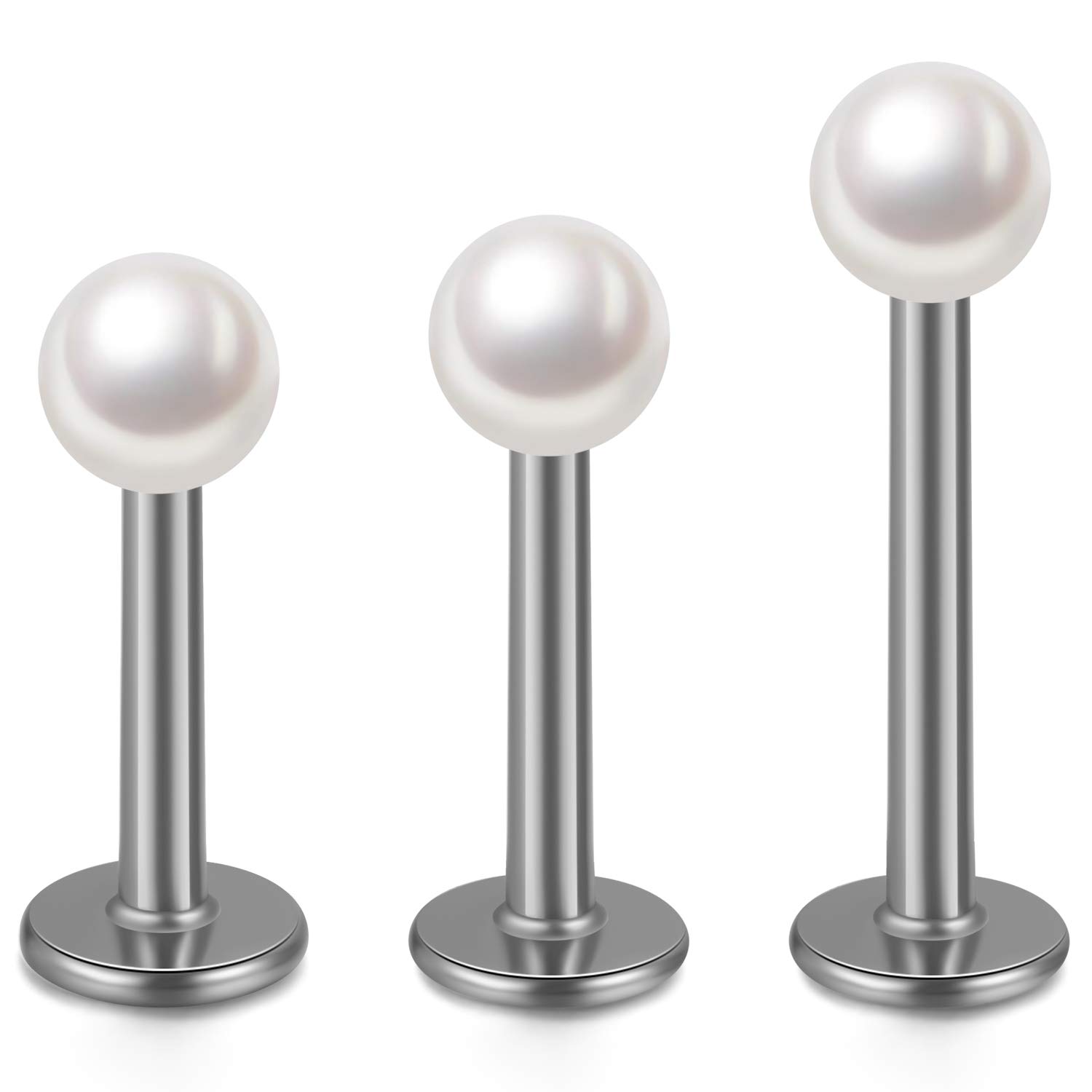 FM FM42 Stainless Steel 3mm Diameter Simulated White Pearl 16G 6/8/10mm Height Labret Monroe Stud (Pack of 6)