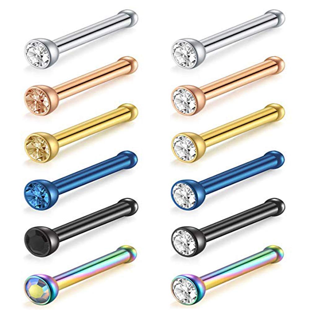 Tvoip 12Pcs 18G 316L Stainless Steel Crystal Nose Ring Women Girl Surgical Steel Nose Piercing Crystal Nose Stud Lot Body Jewelry