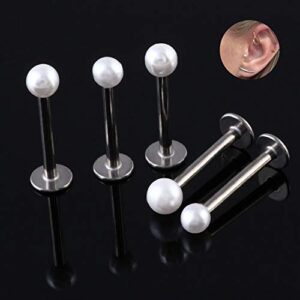 FM FM42 Stainless Steel 3mm Diameter Simulated White Pearl 16G 6/8/10mm Height Labret Monroe Stud (Pack of 6)