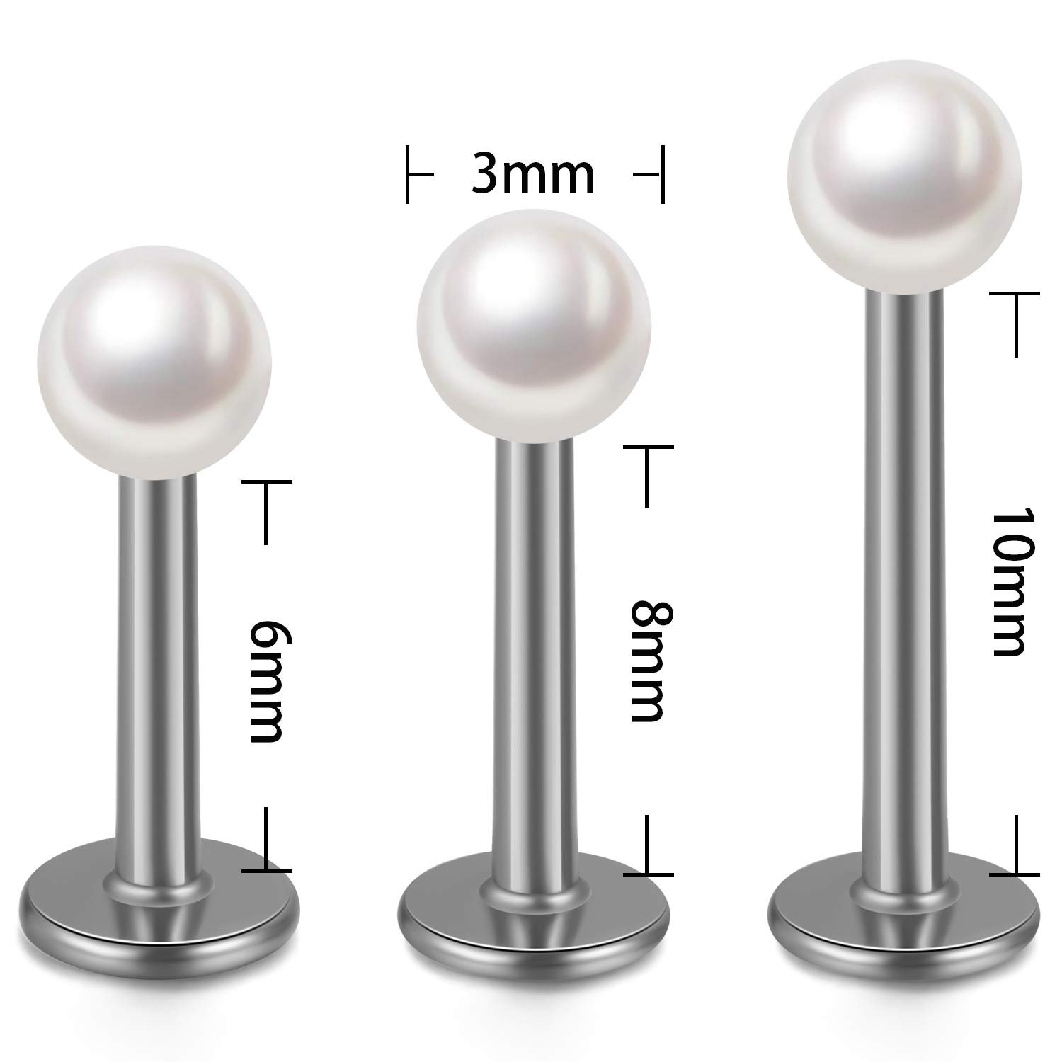 FM FM42 Stainless Steel 3mm Diameter Simulated White Pearl 16G 6/8/10mm Height Labret Monroe Stud (Pack of 6)