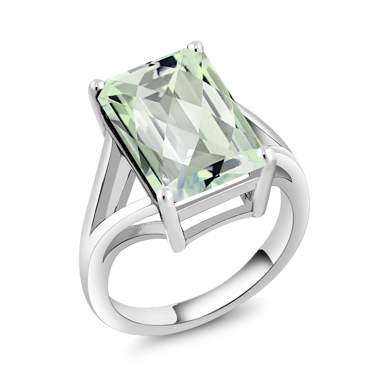 Gem Stone King 6.60 Cttw Green Prasiolite Ring For Women In 925 Sterling Silver | 14X10MM Emerald Checkerboard Cut | Available in size 5, 6, 7, 8, 9