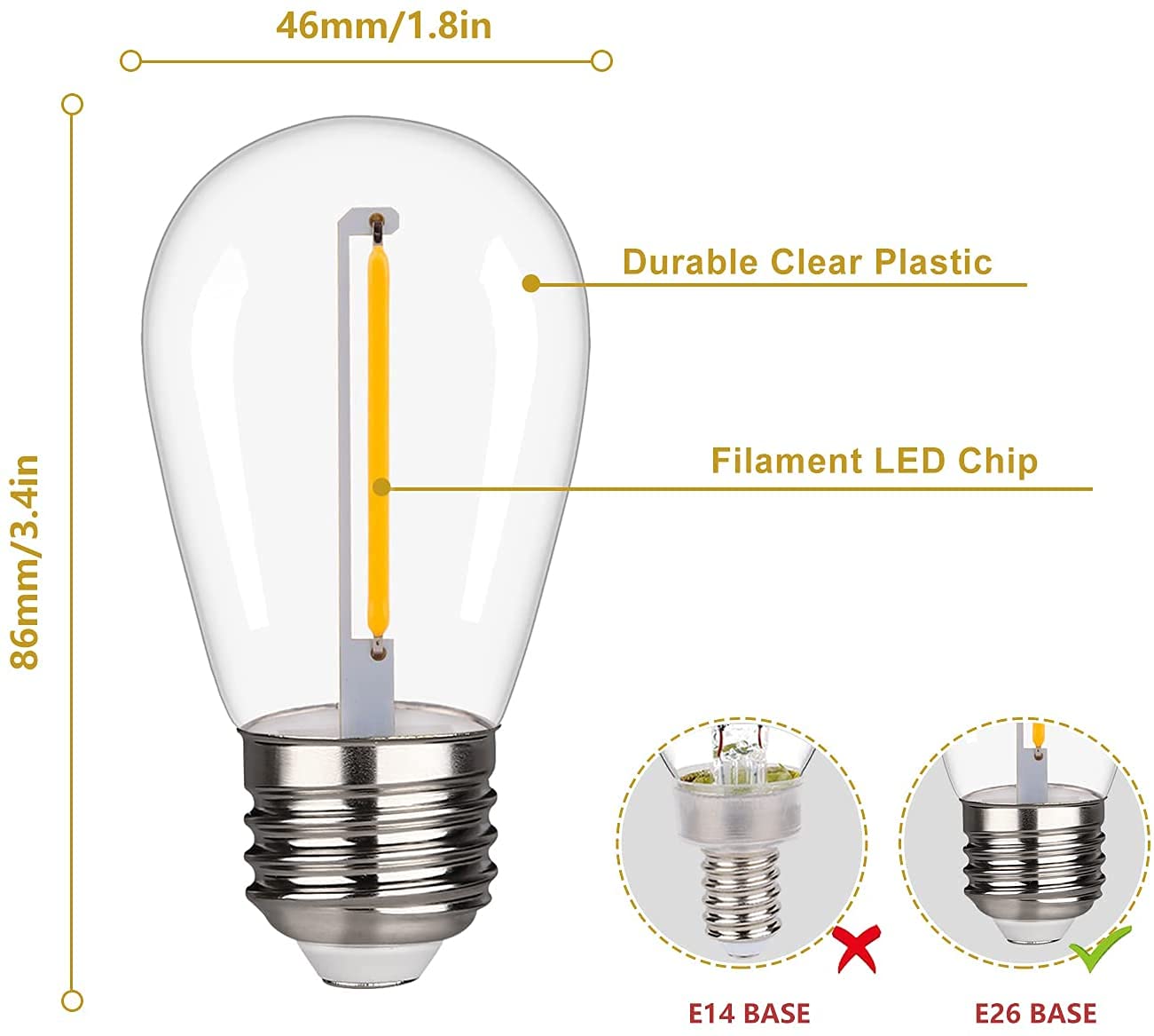 BORT S14 LED Replacement Light Bulb, Shatterproof Outdoor String Light Bulbs, 1 Watt to Replace 11Watts Incandescent Bulb, E26 Regular Medium Screw Base, 2200K Warm White, Non-Dimmable (15 Pack)