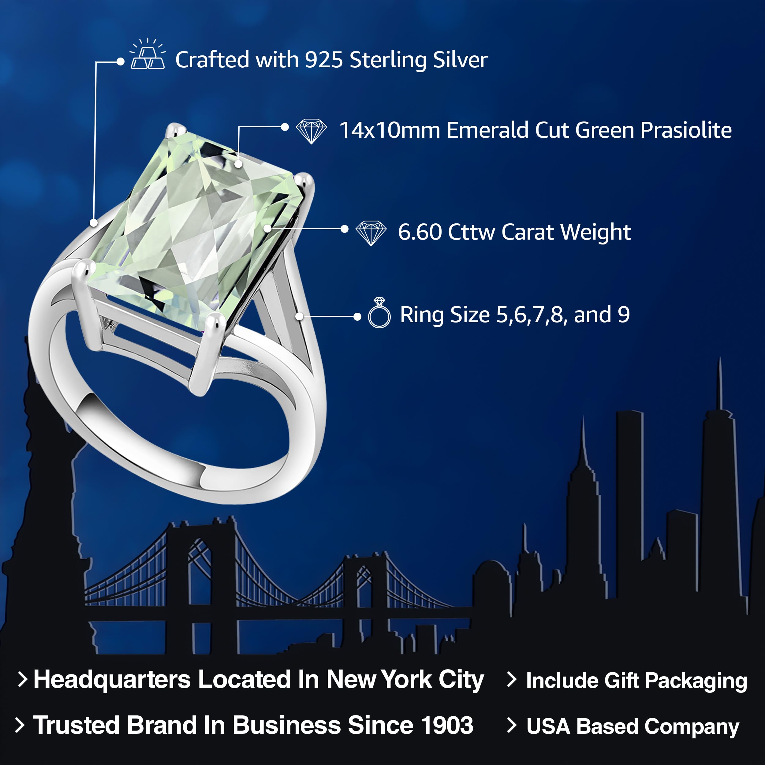 Gem Stone King 6.60 Cttw Green Prasiolite Ring For Women In 925 Sterling Silver | 14X10MM Emerald Checkerboard Cut | Available in size 5, 6, 7, 8, 9