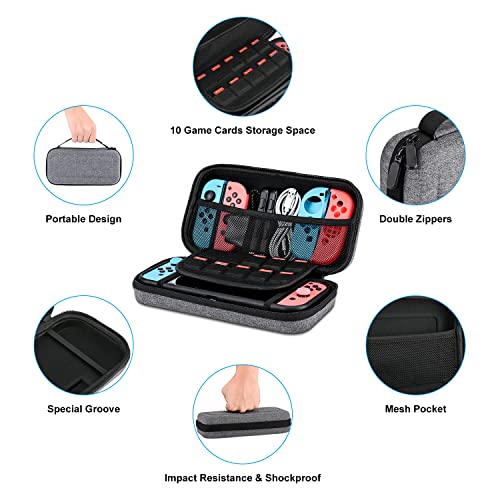 Switch Accessories Kit, innoAura 11 in 1 Accessories Kit with Carrying Case, Game Card Slot Holder, TPU Cover, J-con Covers, Thumb Caps, Tempered Glass Screen Protectors for NS Switch