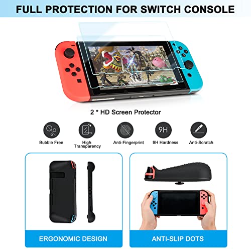 Switch Accessories Kit, innoAura 11 in 1 Accessories Kit with Carrying Case, Game Card Slot Holder, TPU Cover, J-con Covers, Thumb Caps, Tempered Glass Screen Protectors for NS Switch