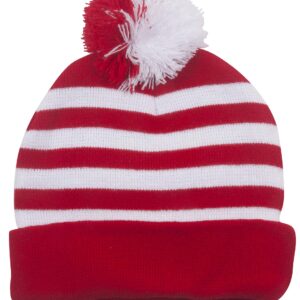 TOP HEADWEAR Striped Long Beanie w/Pom Red White Hat