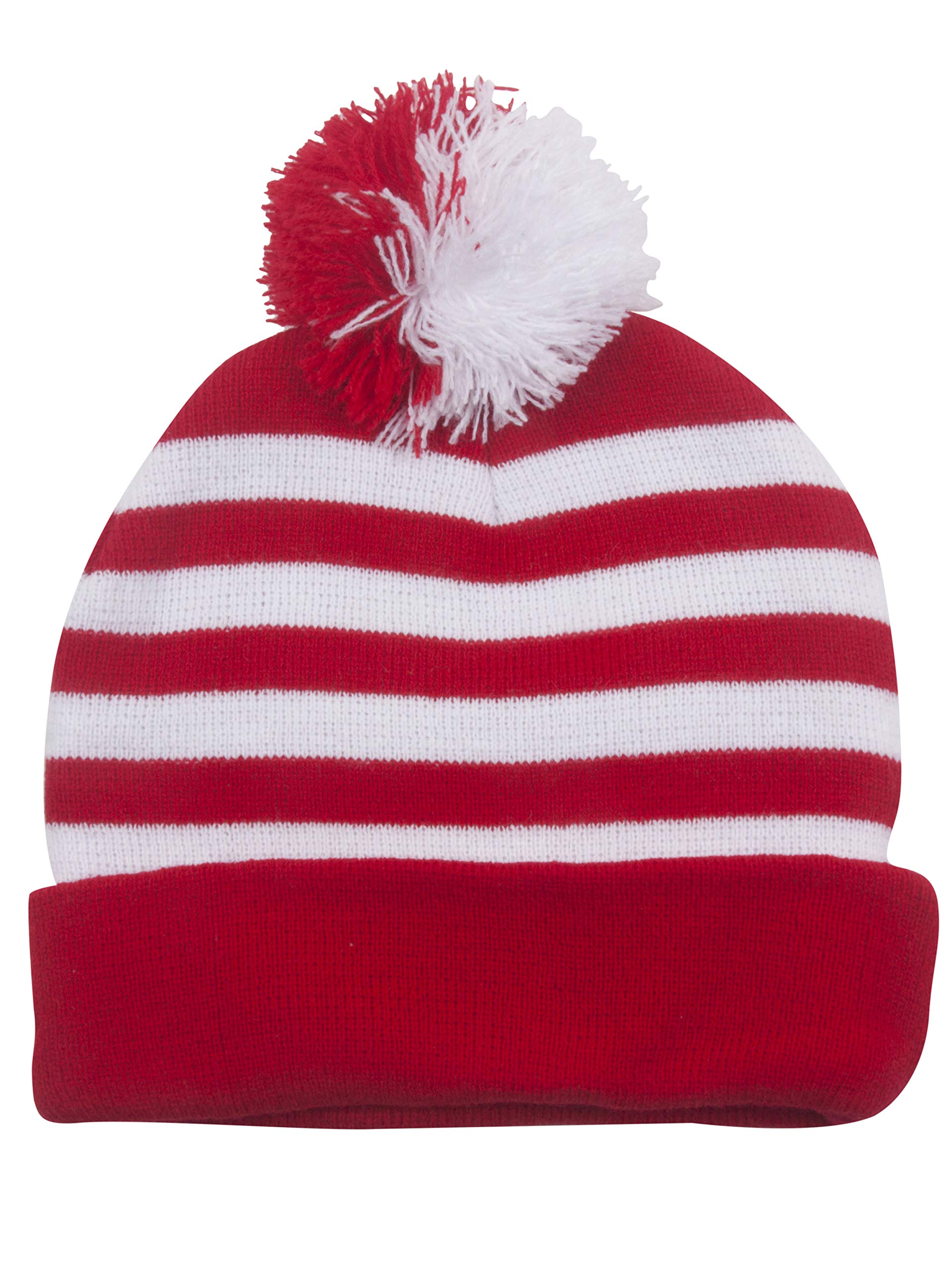 TOP HEADWEAR Striped Long Beanie w/Pom Red White Hat