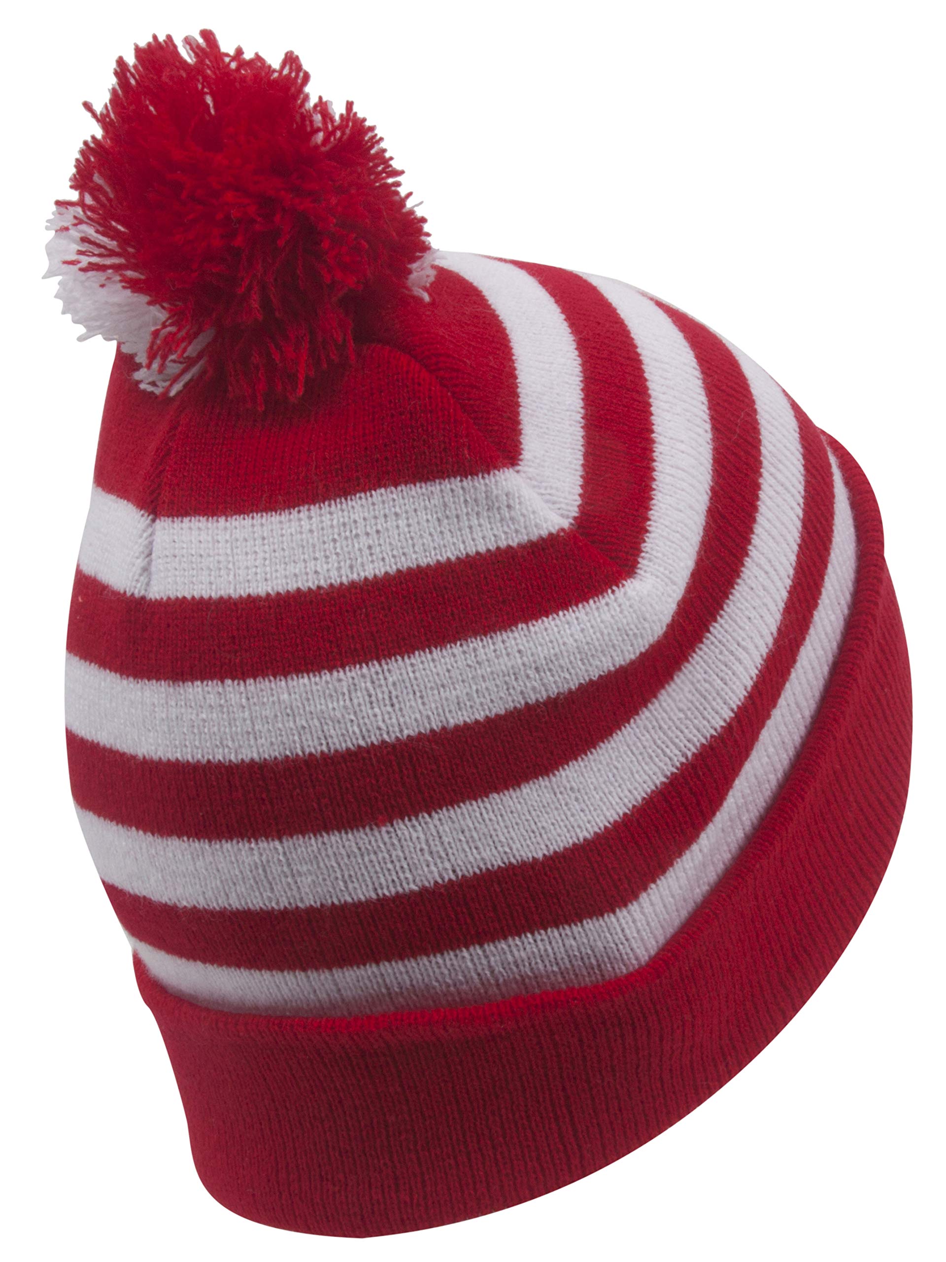 TOP HEADWEAR Striped Long Beanie w/Pom Red White Hat