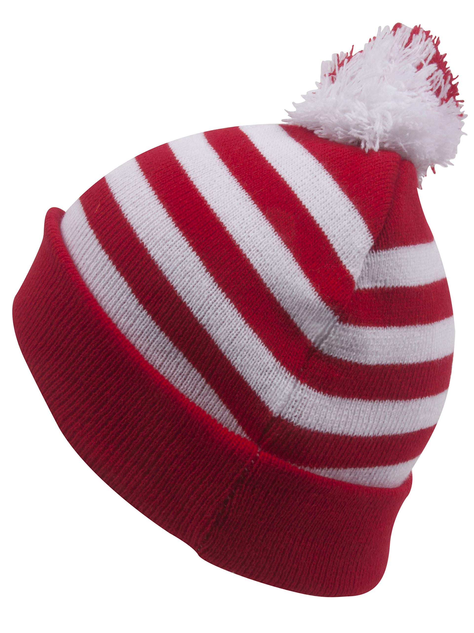 TOP HEADWEAR Striped Long Beanie w/Pom Red White Hat