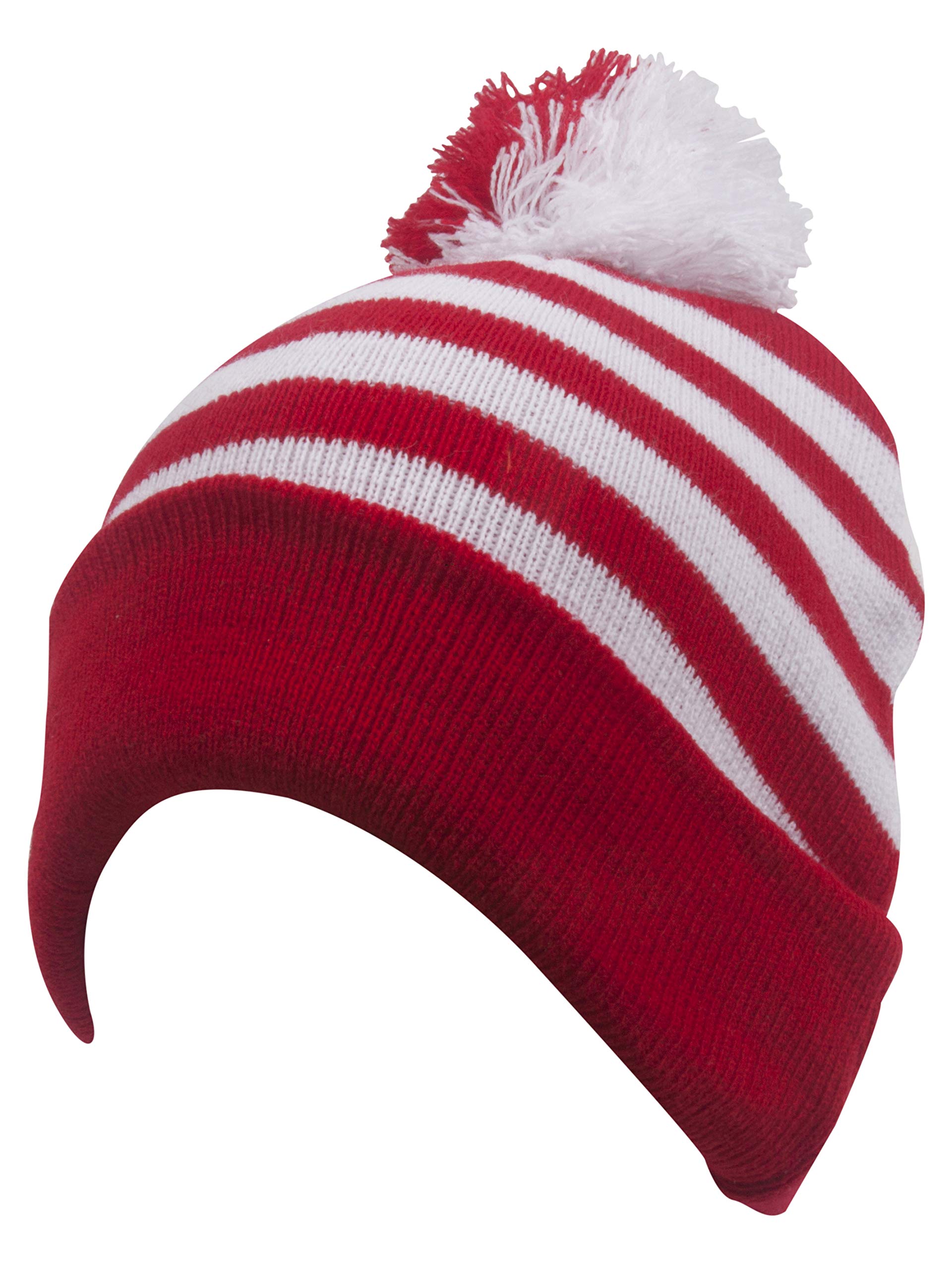 TOP HEADWEAR Striped Long Beanie w/Pom Red White Hat