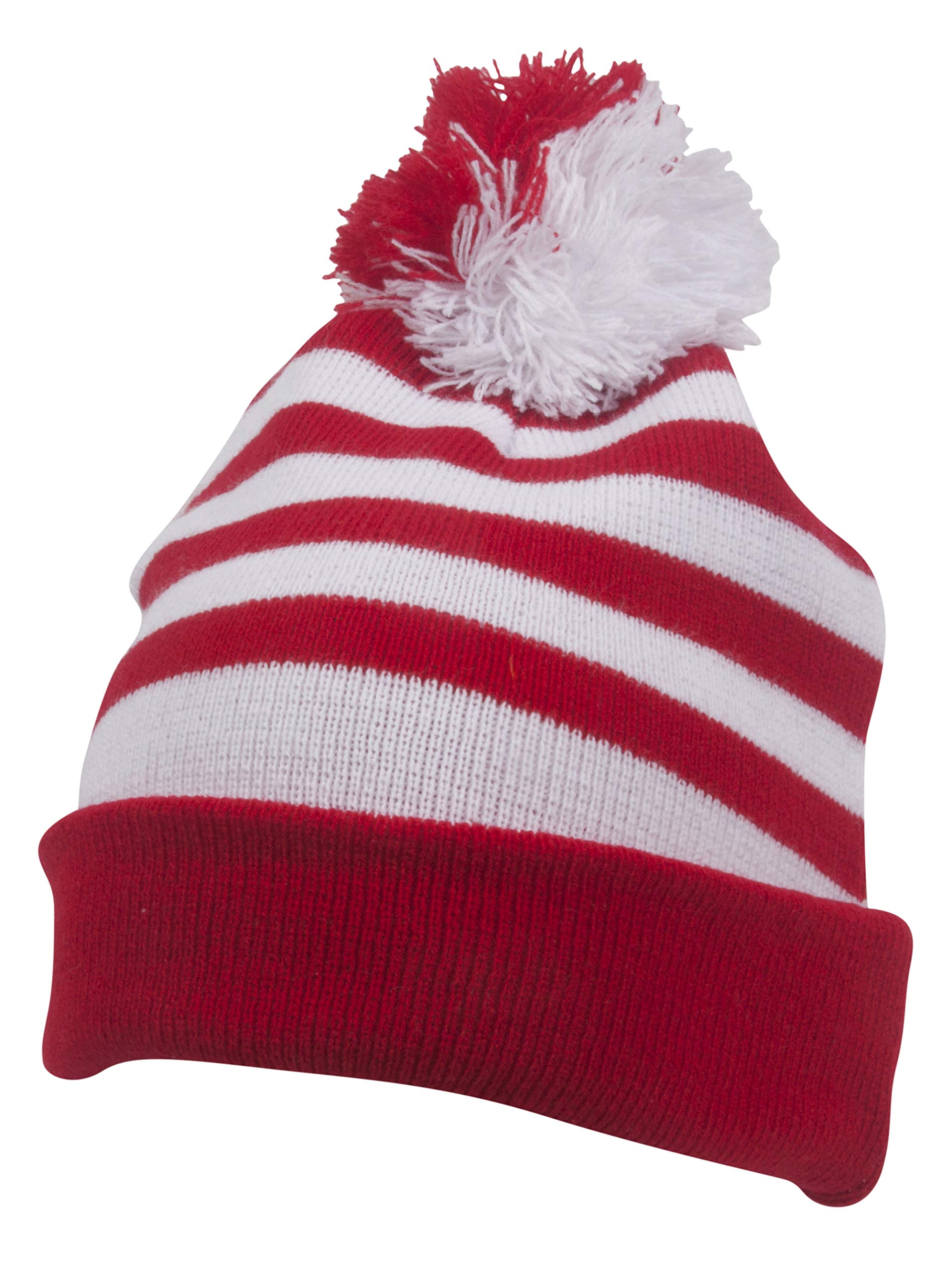 TOP HEADWEAR Striped Long Beanie w/Pom Red White Hat