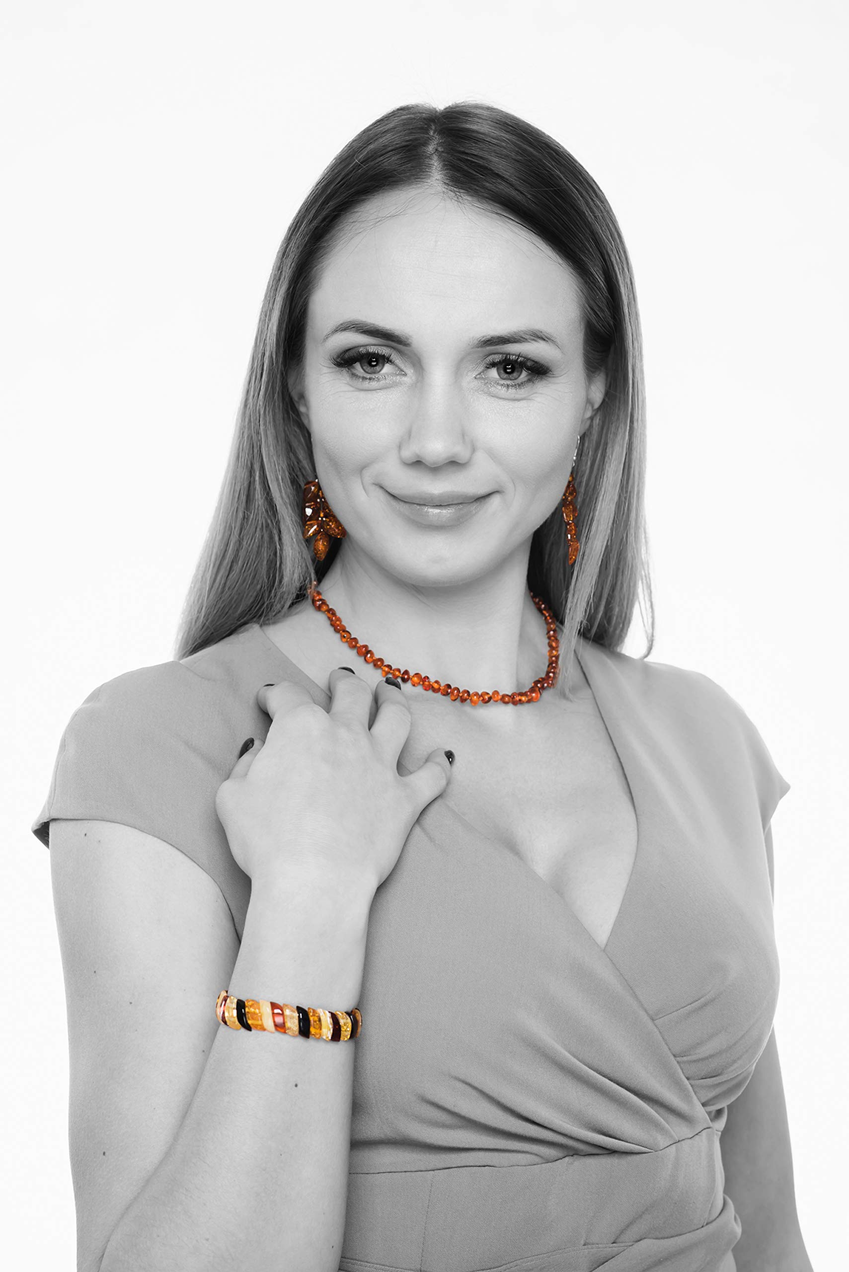 AMBERAGE Natural Baltic Amber Necklaces for Women - Hand Made from Polished/Certified Baltic Amber Baroque Beads/Quality Guaranteed (3 colors) (45cm- 17.72INCH) (COGNAC)