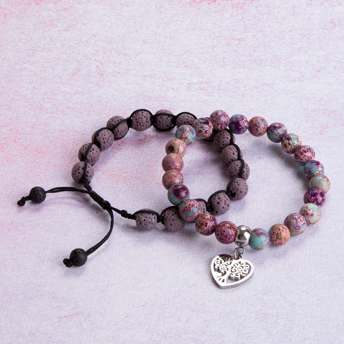 Life Tree Bracelet - Lava Stone Essential Oil Gemstone Beaded Yoga Meditation Regalite Stone Beach Charm Bracelet Set(Purple)