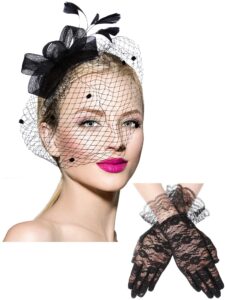 boao bowknot fascinator hat tea party hat feathers veil mesh headband and short lace gloves floral lace gloves(black, adult)