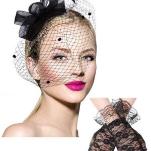 Boao Bowknot Fascinator Hat Tea Party Hat Feathers Veil Mesh Headband and Short Lace Gloves Floral Lace Gloves(Black, Adult)