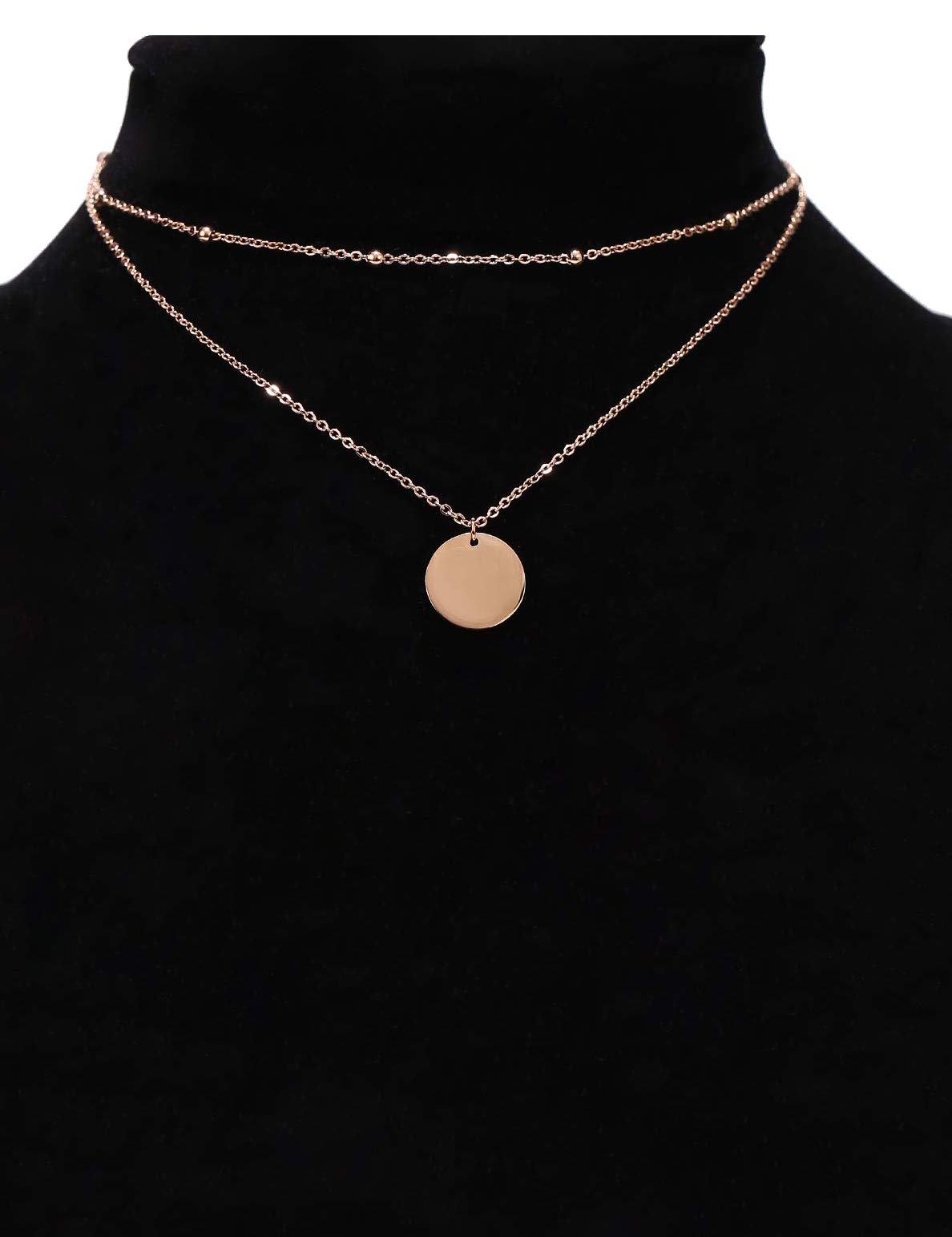 RoseGold Layered Necklace for Women - Coin Choker Necklace Charm Pendant Necklace