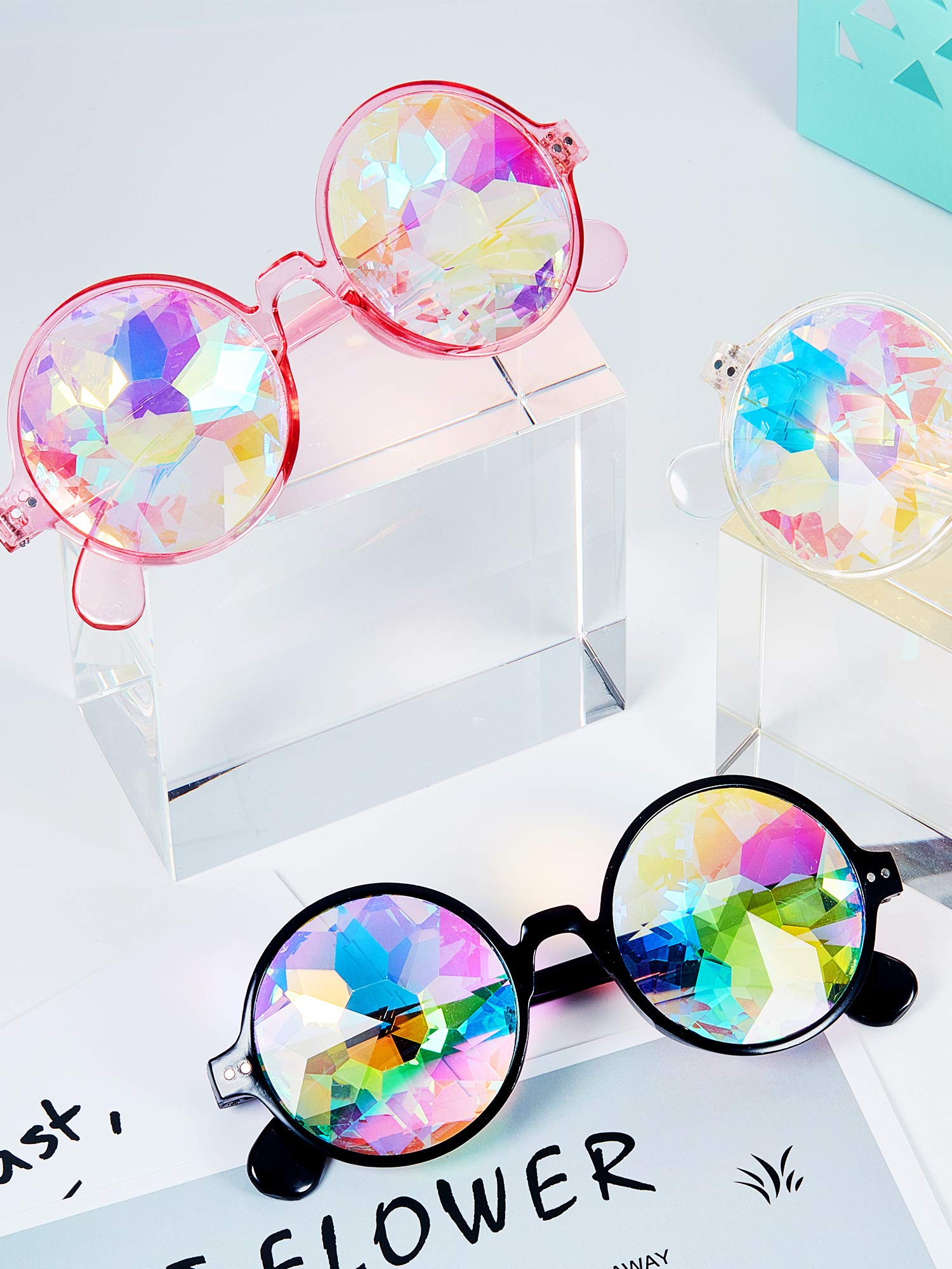 Frienda 3 Pairs Kaleidoscope Rave Glasses Festivals Goggle Rainbow Sunglass Kaleidoscope Sunglass Prism Refraction Glasses(Black, Clear, Pink)