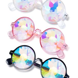 Frienda 3 Pairs Kaleidoscope Rave Glasses Festivals Goggle Rainbow Sunglass Kaleidoscope Sunglass Prism Refraction Glasses(Black, Clear, Pink)