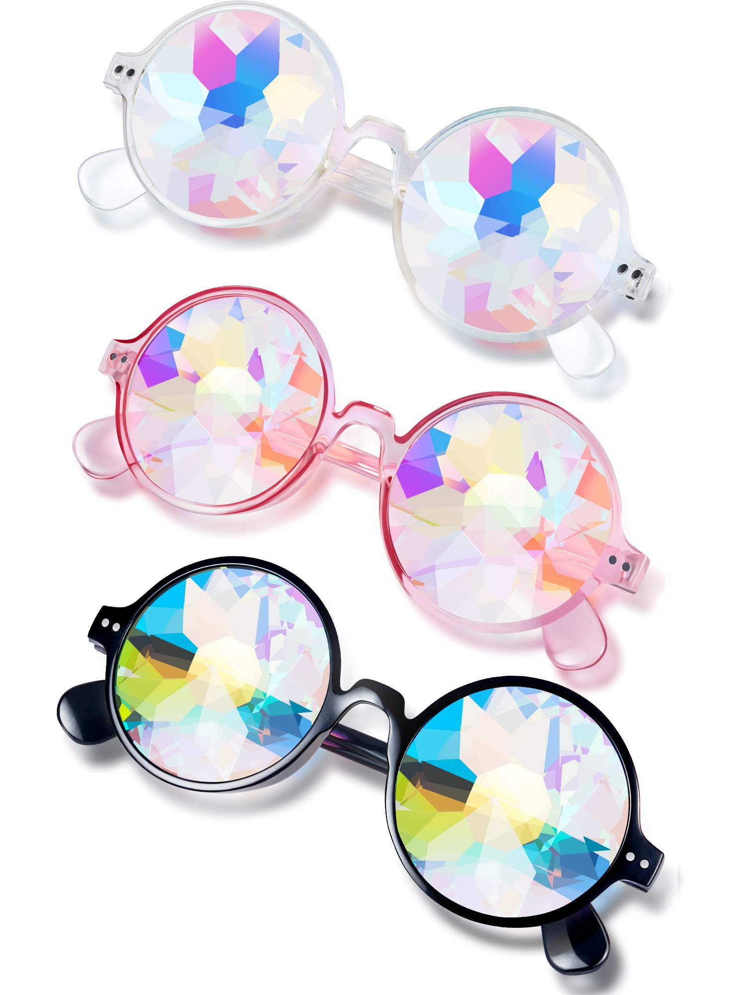 Frienda 3 Pairs Kaleidoscope Rave Glasses Festivals Goggle Rainbow Sunglass Kaleidoscope Sunglass Prism Refraction Glasses(Black, Clear, Pink)