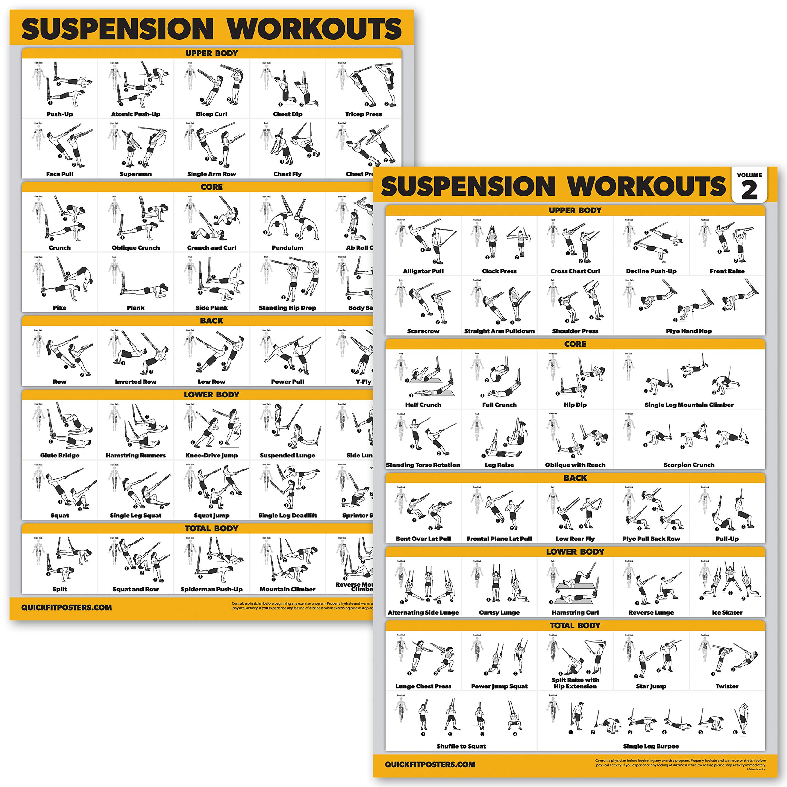 QuickFit 2 Pack Suspension Workout Posters - Volume 1 & 2 - LAMINATED Exercise Charts - 18" x 24" Vol. 1 & 2