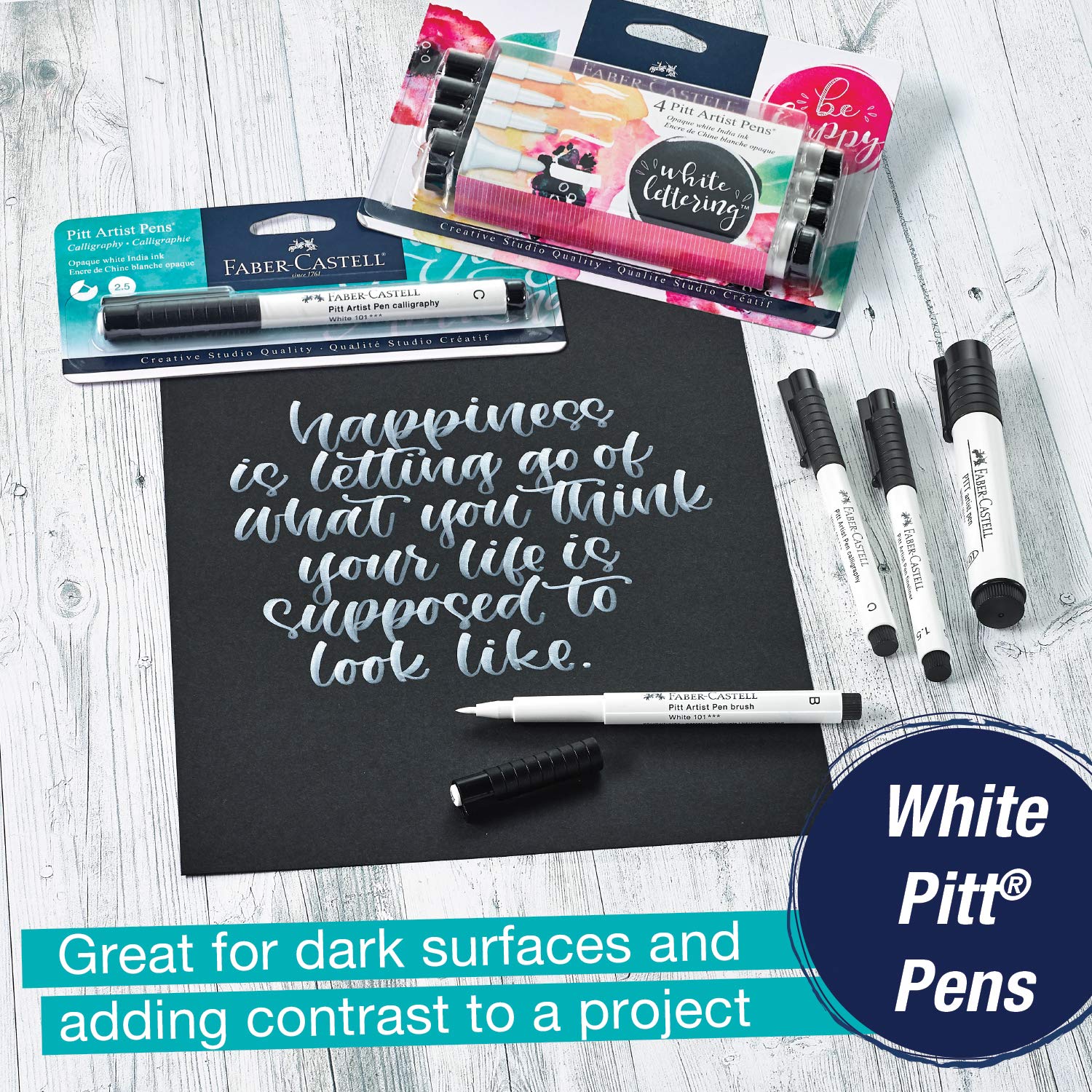 Faber-Castell White Pitt Artist Pen Set - 4 Opaque White India Ink Artist Markers - Lettering and Illustration Marker Set