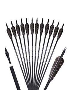 pandarus archery 31-inch carbon hunting arrows, turkey feather fletching with replaceable points, targeting practice arrows spine 500 for recurve bow, longbow, traditional bow (black flower)