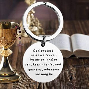 BEKECH Traveler's Prayer Travel Protection Key Ring Travel Gifts God Protect Us As We Travel By Air Land Sea Keep Us Safe Travels Keychain Religious Gift (silver)