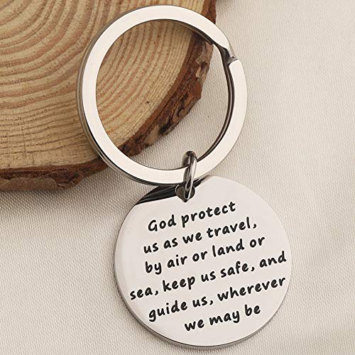 BEKECH Traveler's Prayer Travel Protection Key Ring Travel Gifts God Protect Us As We Travel By Air Land Sea Keep Us Safe Travels Keychain Religious Gift (silver)