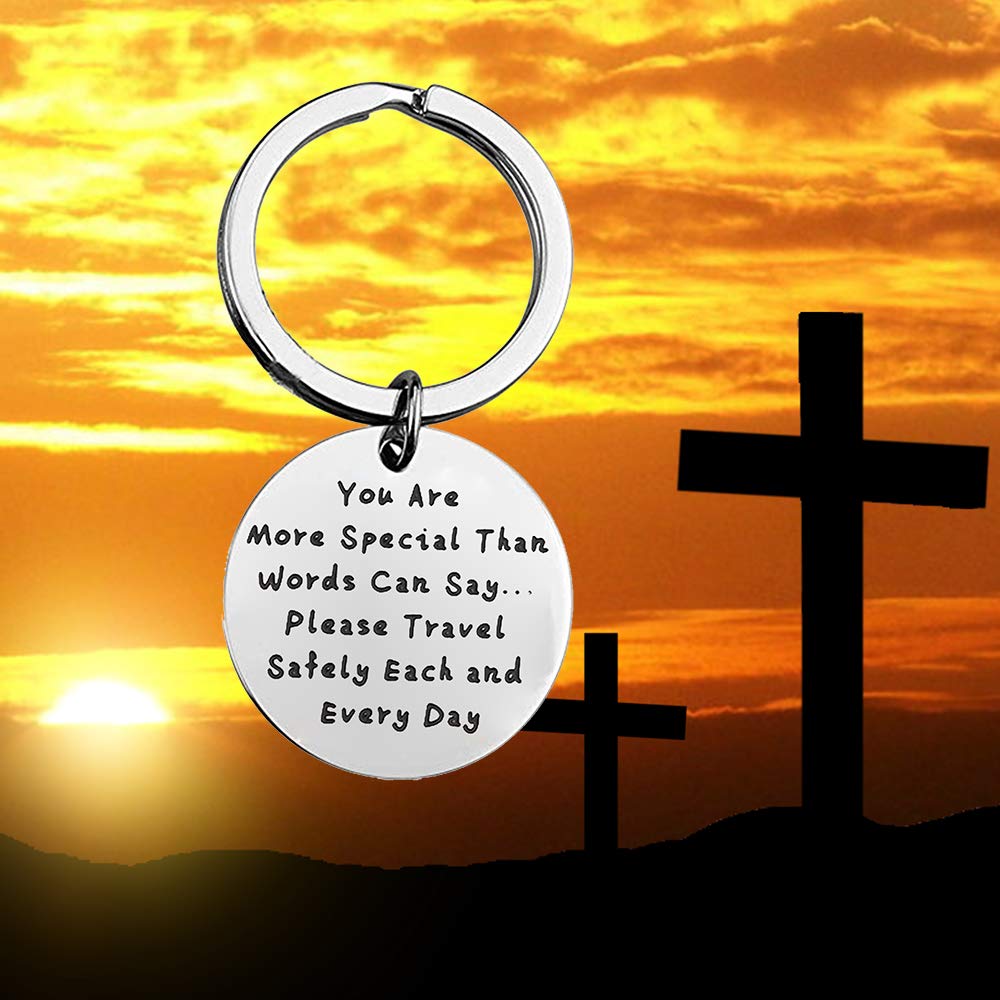 BEKECH Traveler's Prayer Travel Protection Key Ring Travel Gifts God Protect Us As We Travel By Air Land Sea Keep Us Safe Travels Keychain Religious Gift (silver)