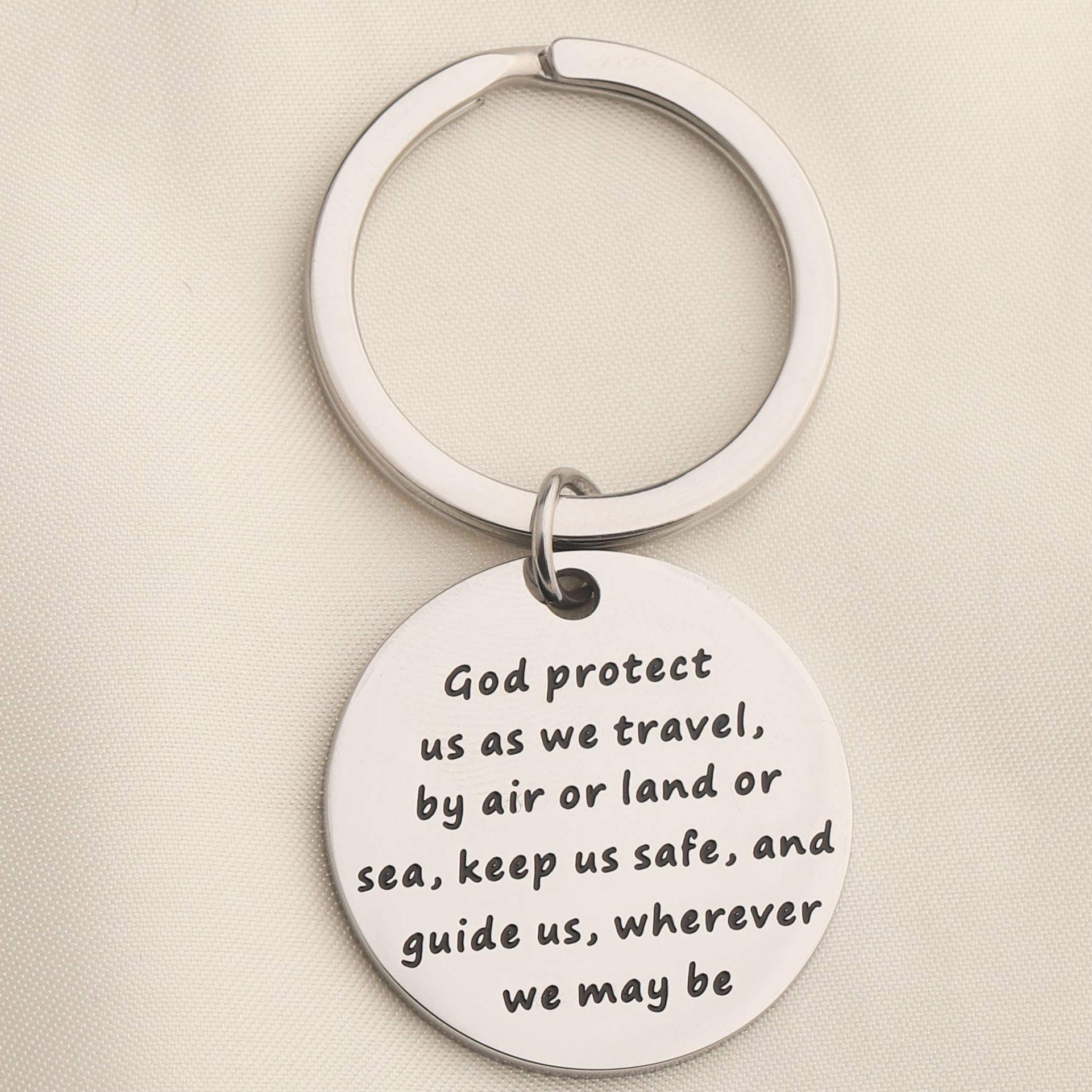 BEKECH Traveler's Prayer Travel Protection Key Ring Travel Gifts God Protect Us As We Travel By Air Land Sea Keep Us Safe Travels Keychain Religious Gift (silver)