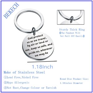 BEKECH Traveler's Prayer Travel Protection Key Ring Travel Gifts God Protect Us As We Travel By Air Land Sea Keep Us Safe Travels Keychain Religious Gift (silver)