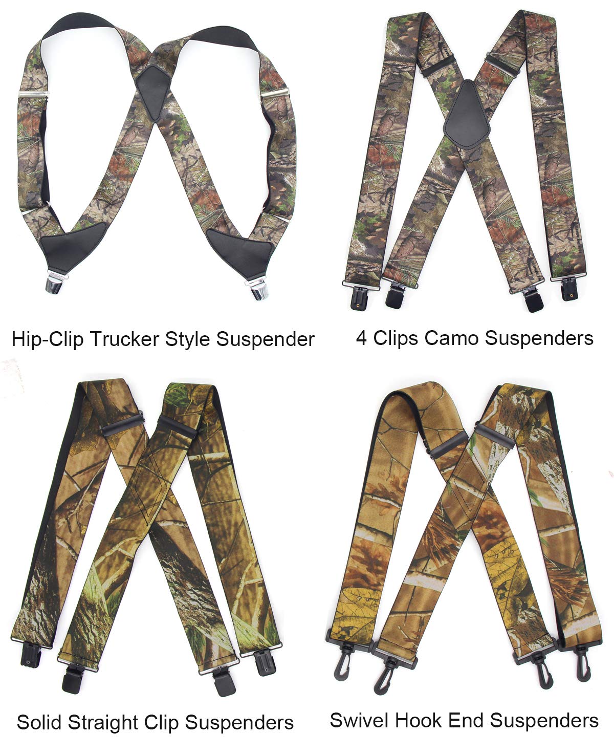 REFINEMMEE Camo Suspenders for Men & Women Tactical Style 2" Wide Big & Tall Elastic Adjuastable Clips on X Shape Heavy Duty (Camouflage W 4 clips)