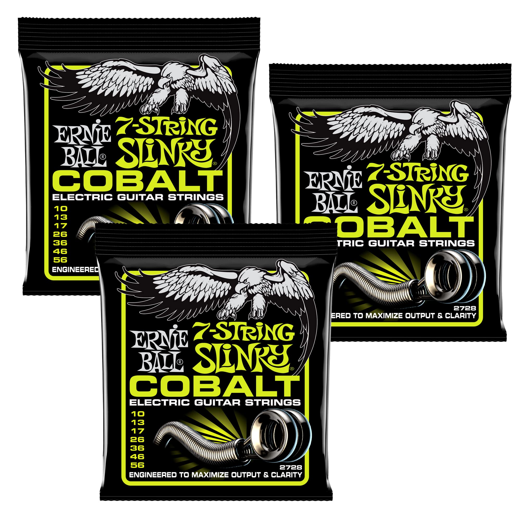 3 PACK Ernie Ball 2728 COBALT Slinky Electric Guitar Strings 7-string set 10-56